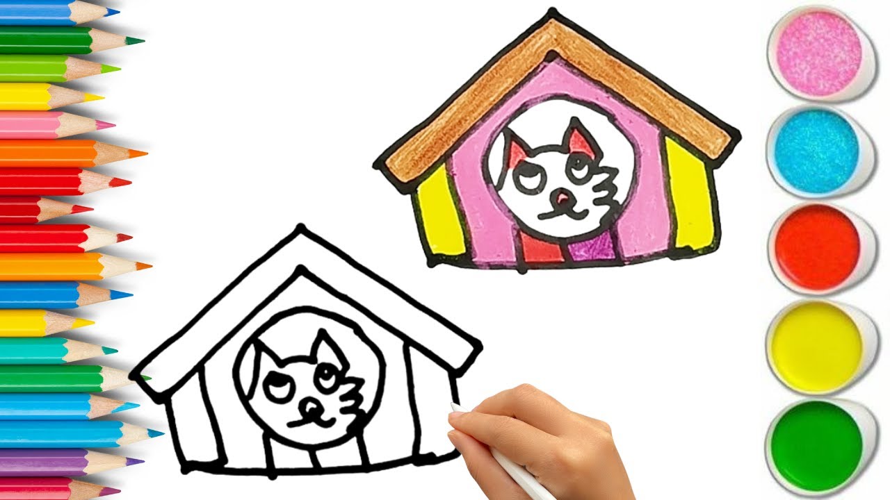 How To Draw cute Cat House Drawing, Painting & Coloring For Kids and ...