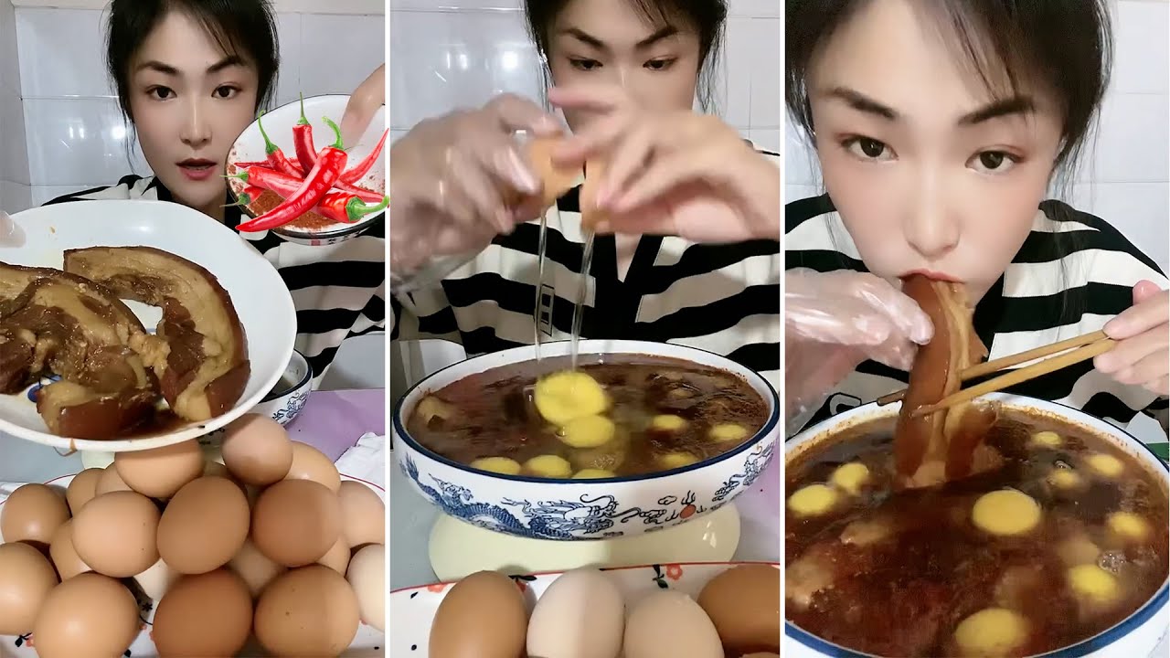 MUKBANG : Raw eggs mixed pork belly stewed 생계란 삼겹살 조림 - YouTube
