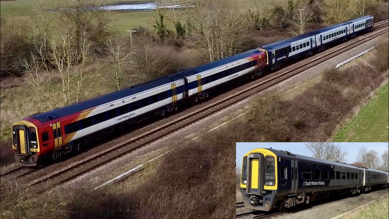 Drone Trains: SWR Class 158s & 159s passing Great Park LC, RBL | Boom ...