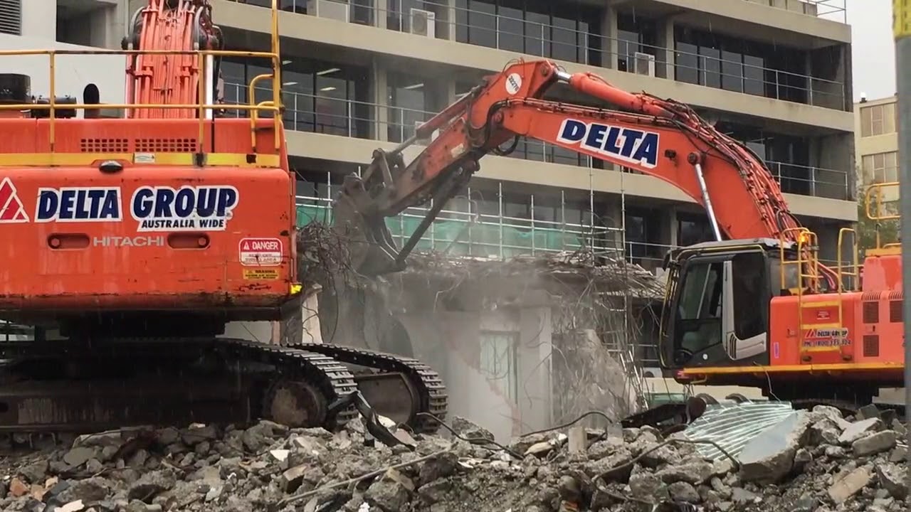 Diggers and Trucks - Diggers pulling down a building Demolition - YouTube