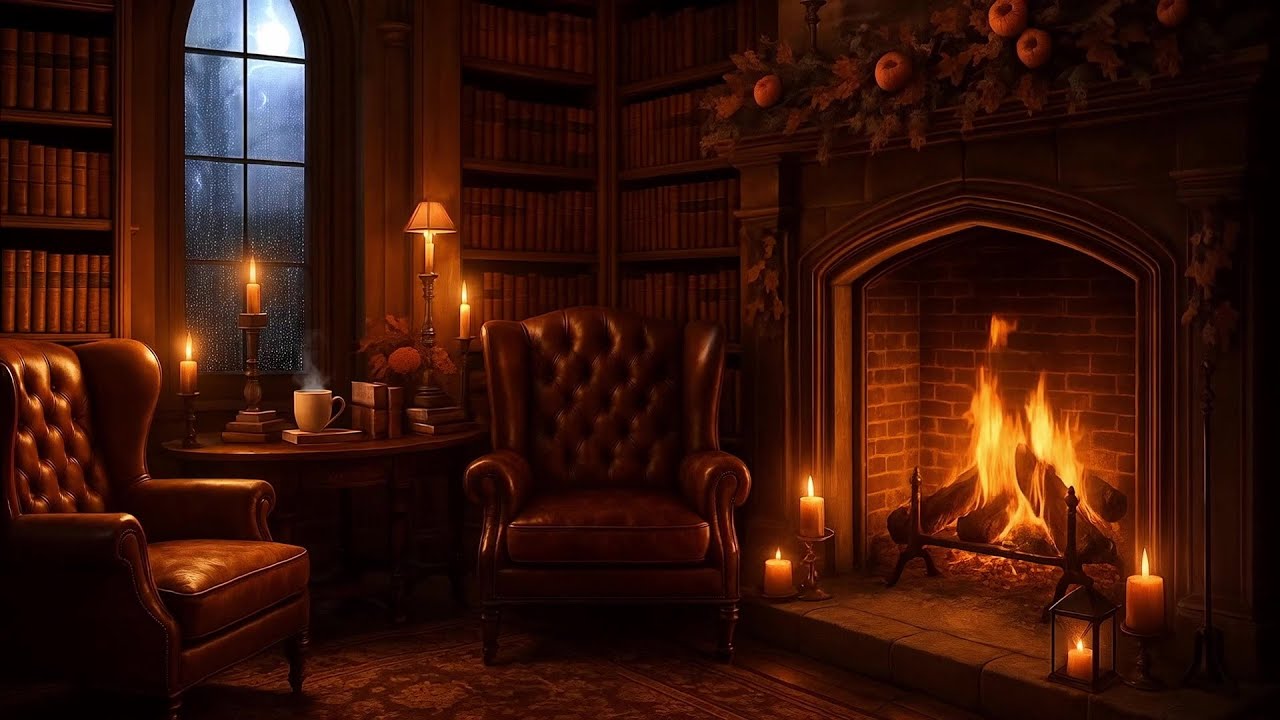 Cozy Victorian Library with Fireplace — Heavy Rain & Thunder Sounds for ...