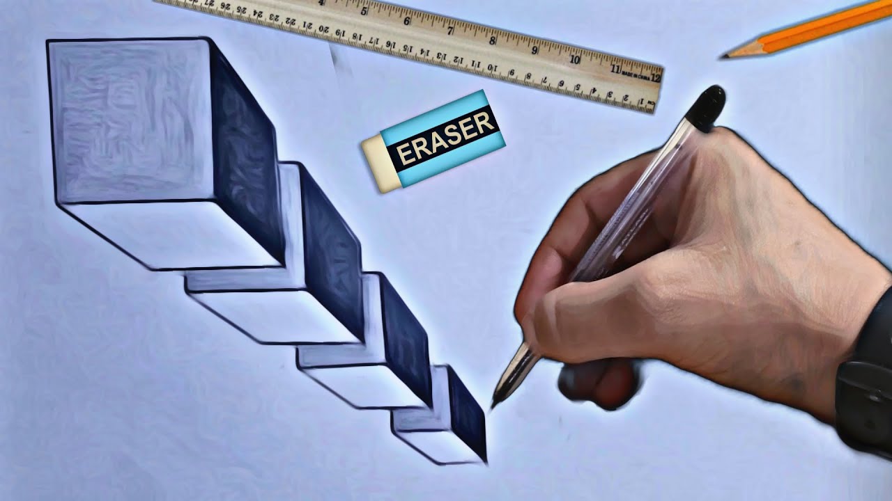 3D Drawing Idea | How To Draw 3D blocks | Draw 4 3D Blocks Step By Step ...