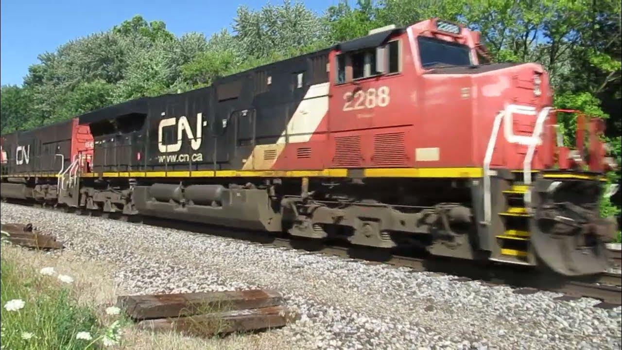 CN 2288, 5607 move a Westbound freight train with CN, ICG, GTW 86' box cars at Vicksburg, MI ...