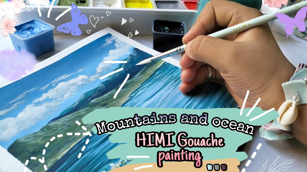 Mountains and ocean Gouache painting| Himi Miya gouache| Tutorial ...