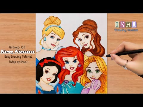 Group of Disney Princesses | Step by step | How to draw Ariel, Belle, Cinderella and more | Drawing
