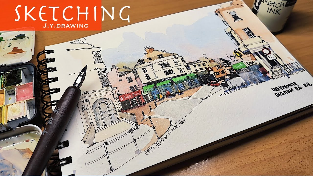 Easy Street Scene Buildings Drawing With a Dip Pen and Watercolor - YouTube
