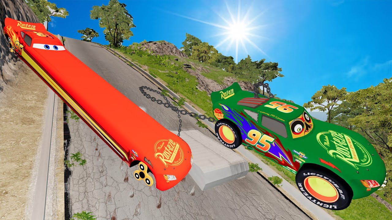 Long & short chained Cars. Lightning McQueen downhill without brakes ...