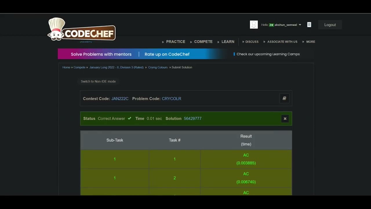 Crying Colours Problem Code: CRYCOLR January Long 2022 - II, (Rated) codechef (read description ...