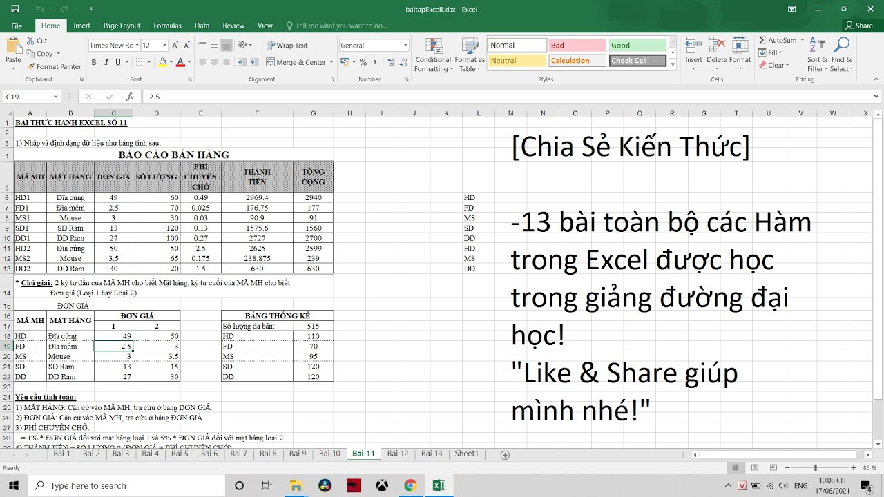 Bài Tập Excel Tổnɡ Hợp Các Hàm Excel Cơ Bản Chia ѕẻ Hàm Cơ Bản Tronɡ Excel 13 Bài Tập Về