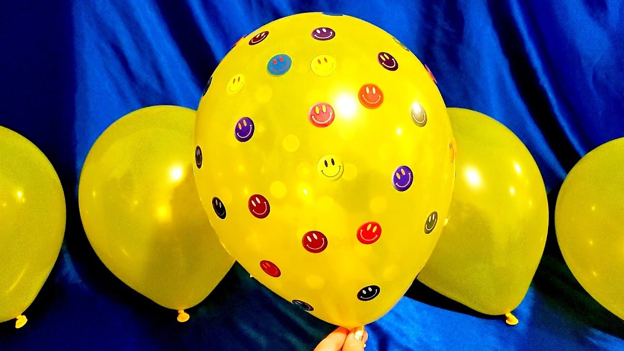 DECORATING YELLOW BALLOON WITH SMILEY EMOJI STICKERS AND POPPING IT ...