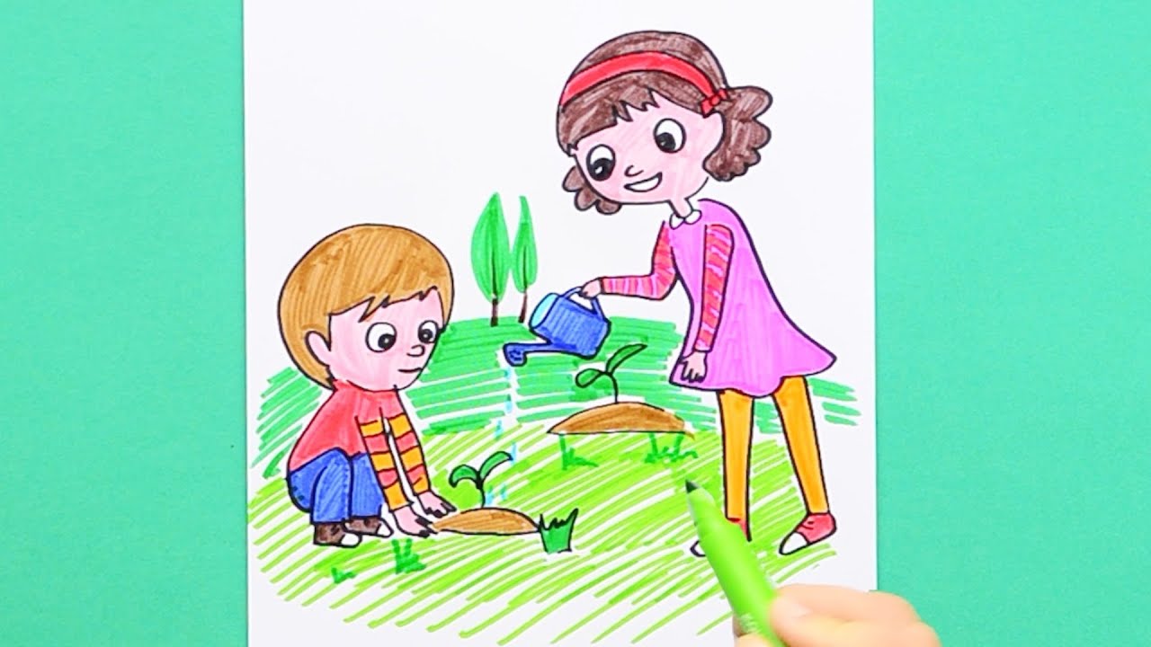 How to draw kids planting trees (World Environment Day) - YouTube