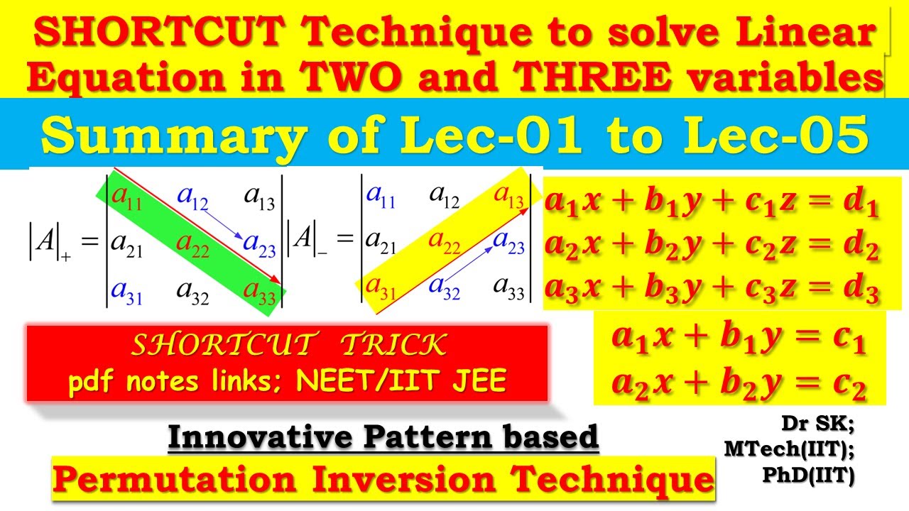 SHORTCUT Linear Eqn Soln in 2,3 Variables Cramer's rule; Permutation ...