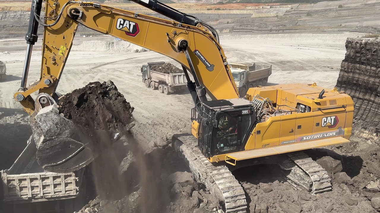 Cat 395 Excavator Loading Overburden On 4 Axle Mercedes & MAN Trucks ...