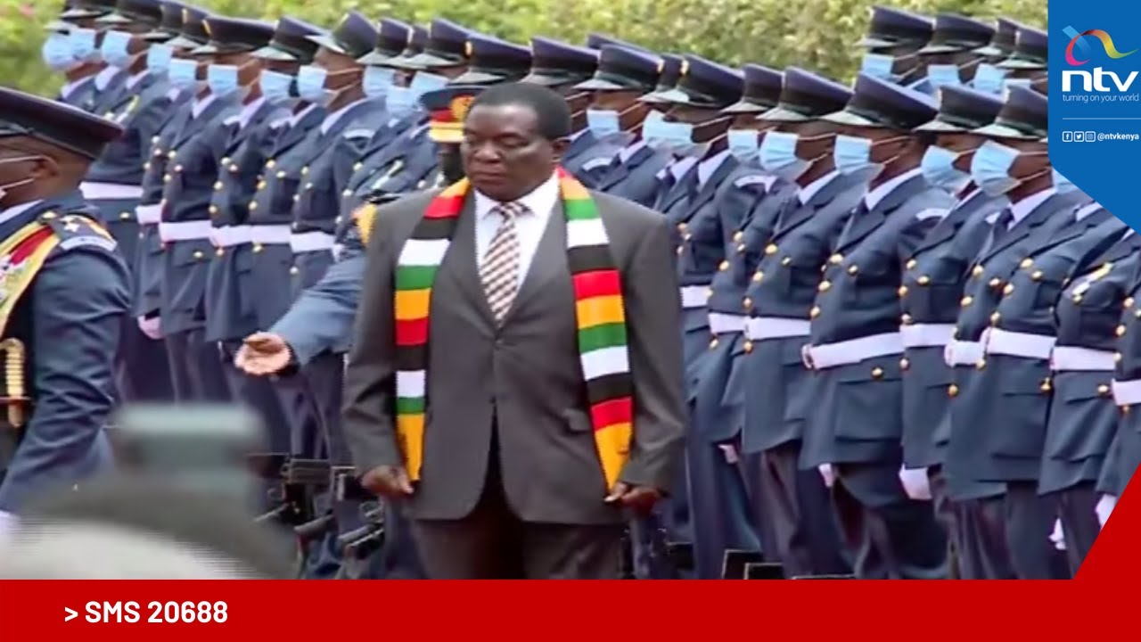 Zimbabwe's President Mnangagwa inspects guard of honour at State House ...