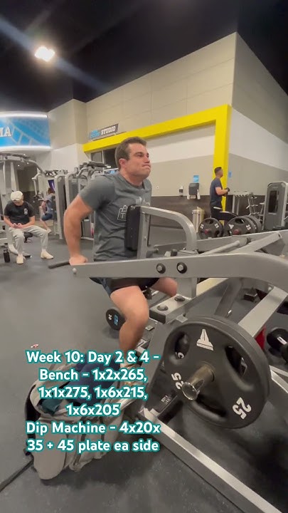 Week 10: Day 2,4 - Bench - 1x2x265, 1x1x275, 1x6x215, 1x6x205 Dip ...