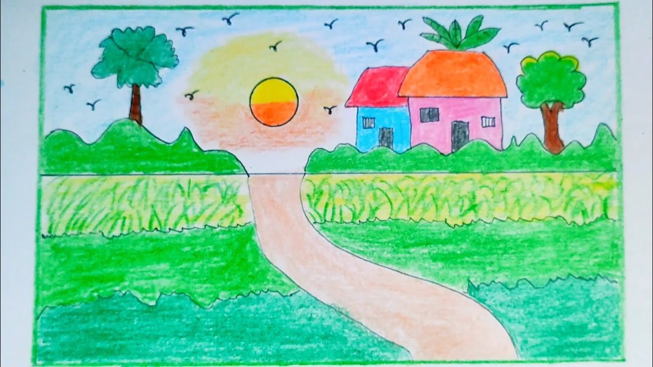 Easy scenery house drawing, how to draw a house scenery step by step ...