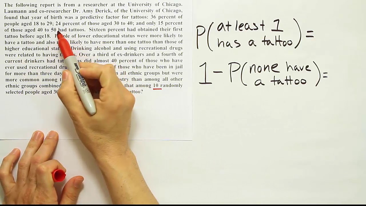 The probability of "at least one": using complements (tattoo example ...