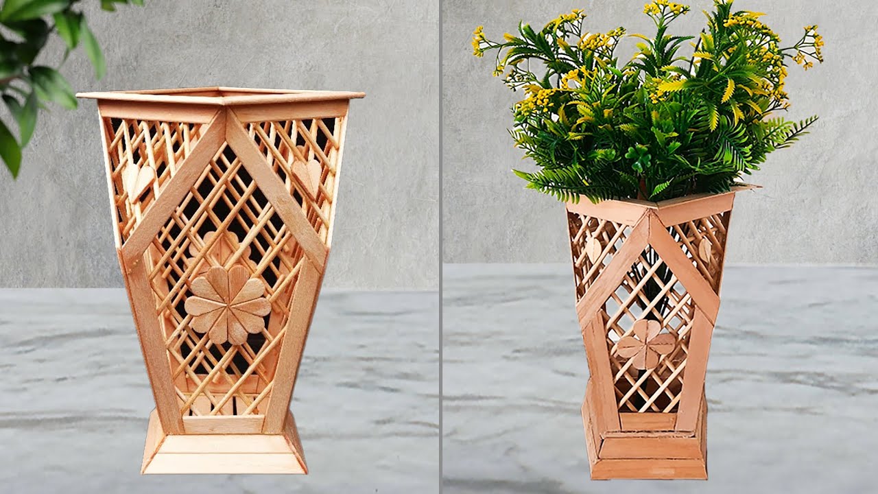 How to make flower pots with popsicle sticks | Best flower pot design ...