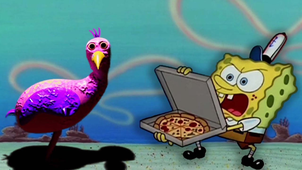 Opila Bird (Garten of Banban) trying to get a pizza from Spongebob ...