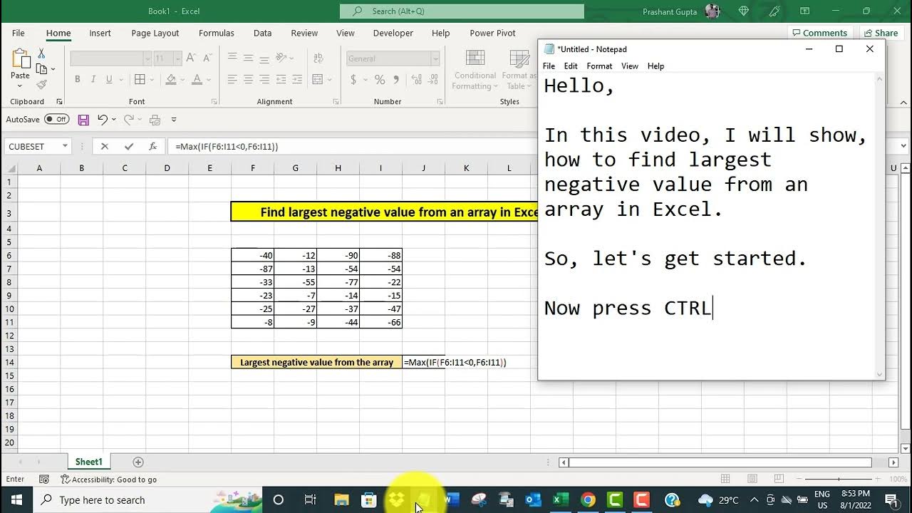 Find largest negative value from an array in Excel - YouTube
