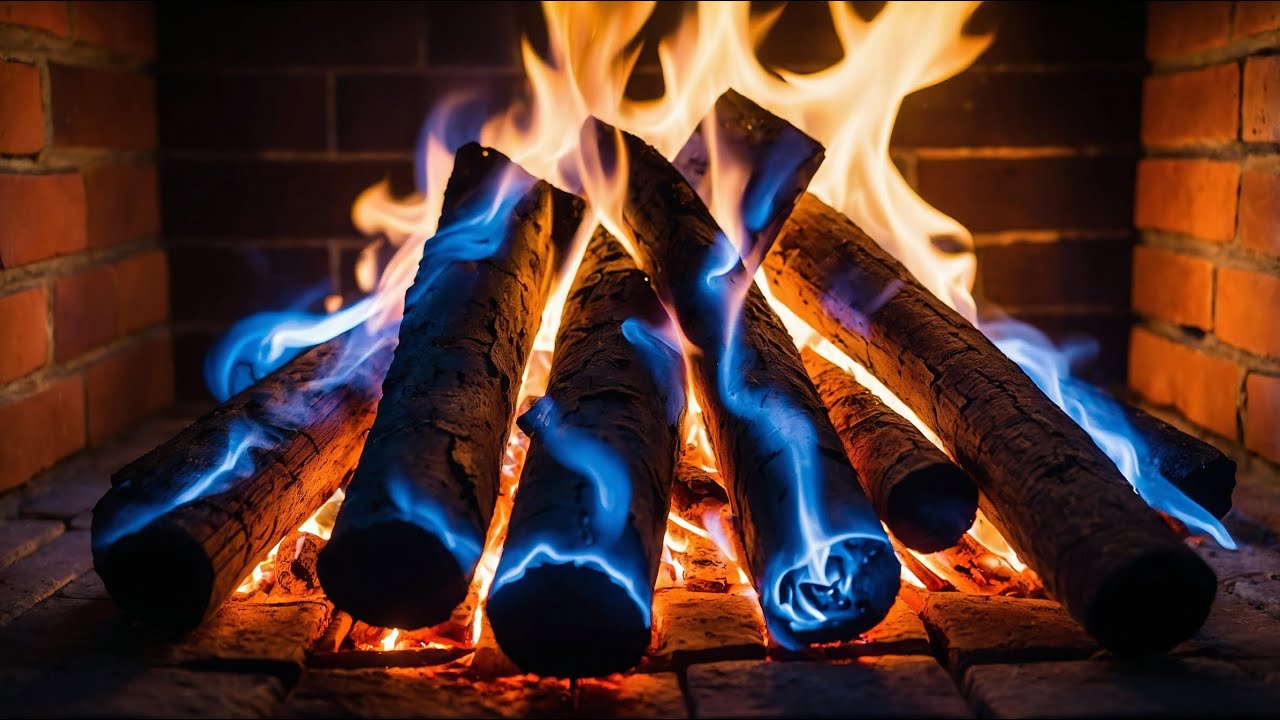 Soothing Blue Fire with Glowing Logs in Warm Brick Fireplace for Night ...