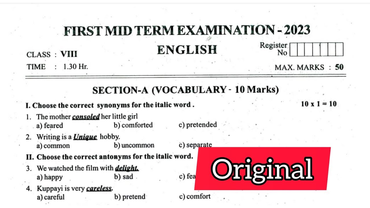8th english first midterm exam original question paper 2023 - YouTube