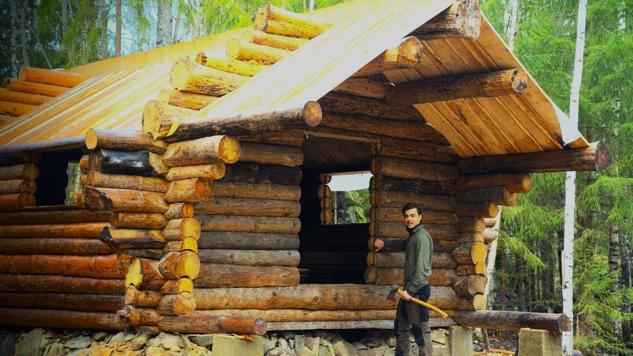 Rustic log cabin roof build family visits secluded forest 2. - YouTube