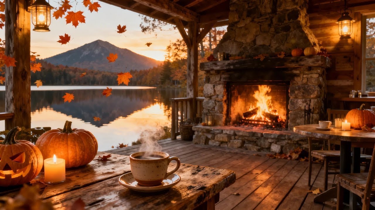 Spooky Night Fireplace Rustic Cabin Ambience Falling Leaves - YouTube
