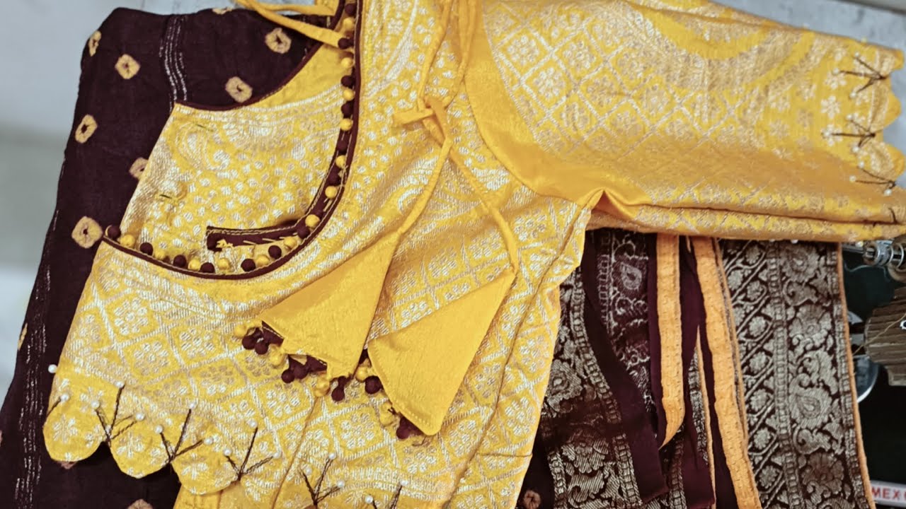 Trending Bandhej Saree Blouse design/ Pom Pom neck design/ Trend Cut ...