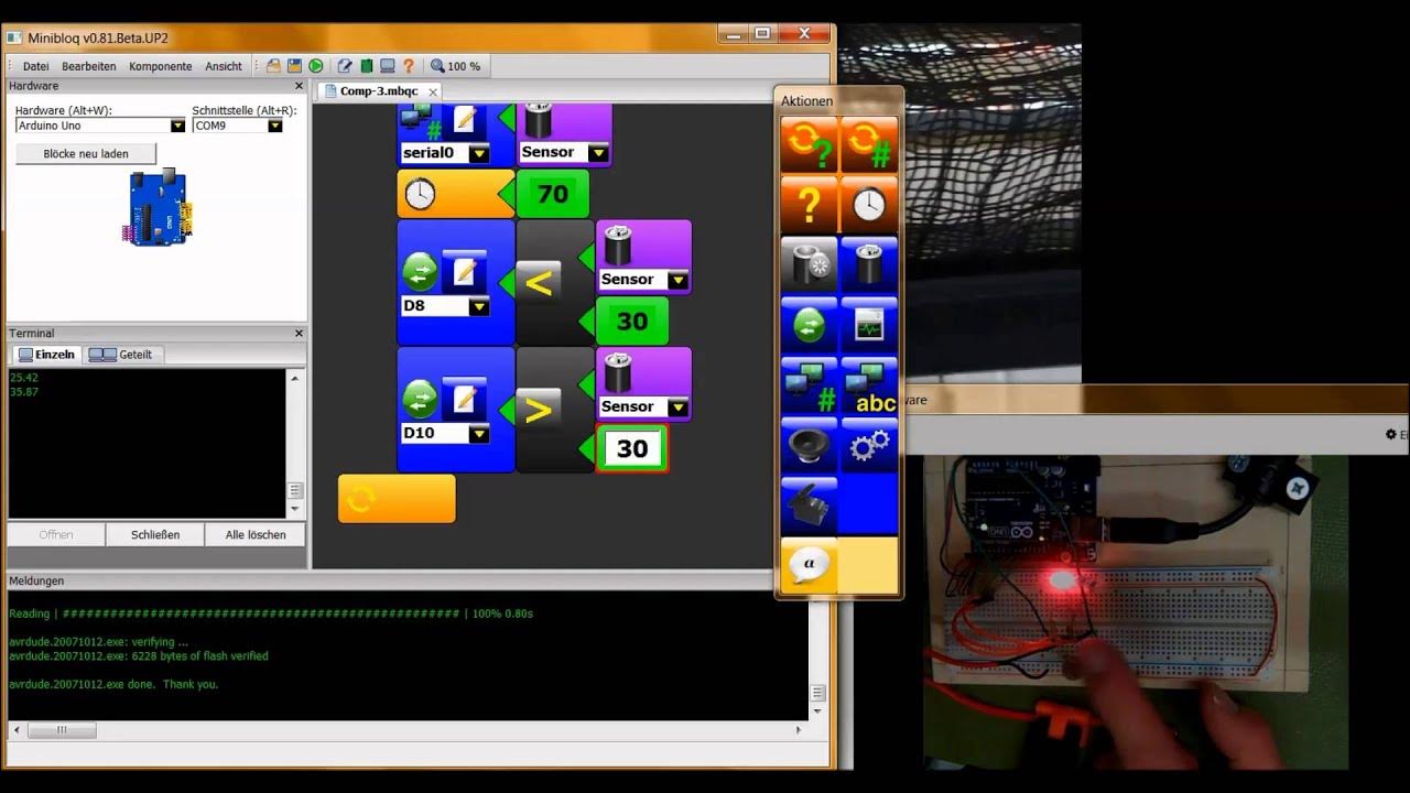 minibloq tutorial 4, Analoge Eingänge, LDR Temp arduino grafisch programmieren - YouTube