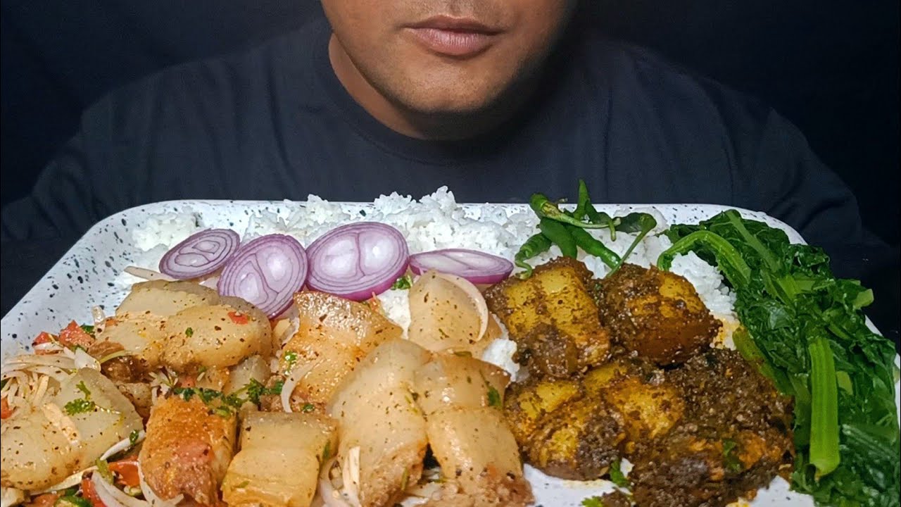 EATING SHOW || Pork Salad , Pork Fry with Sesame seeds and Mustard ...