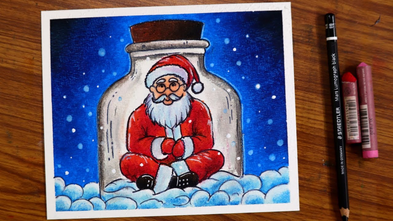 Christmas drawing easy steps / How to draw Santa claus in snow Jar ...