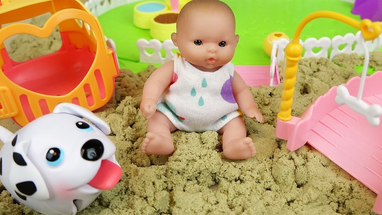Sand and baby doll slide toys, puppy and surprise eggs play - YouTube