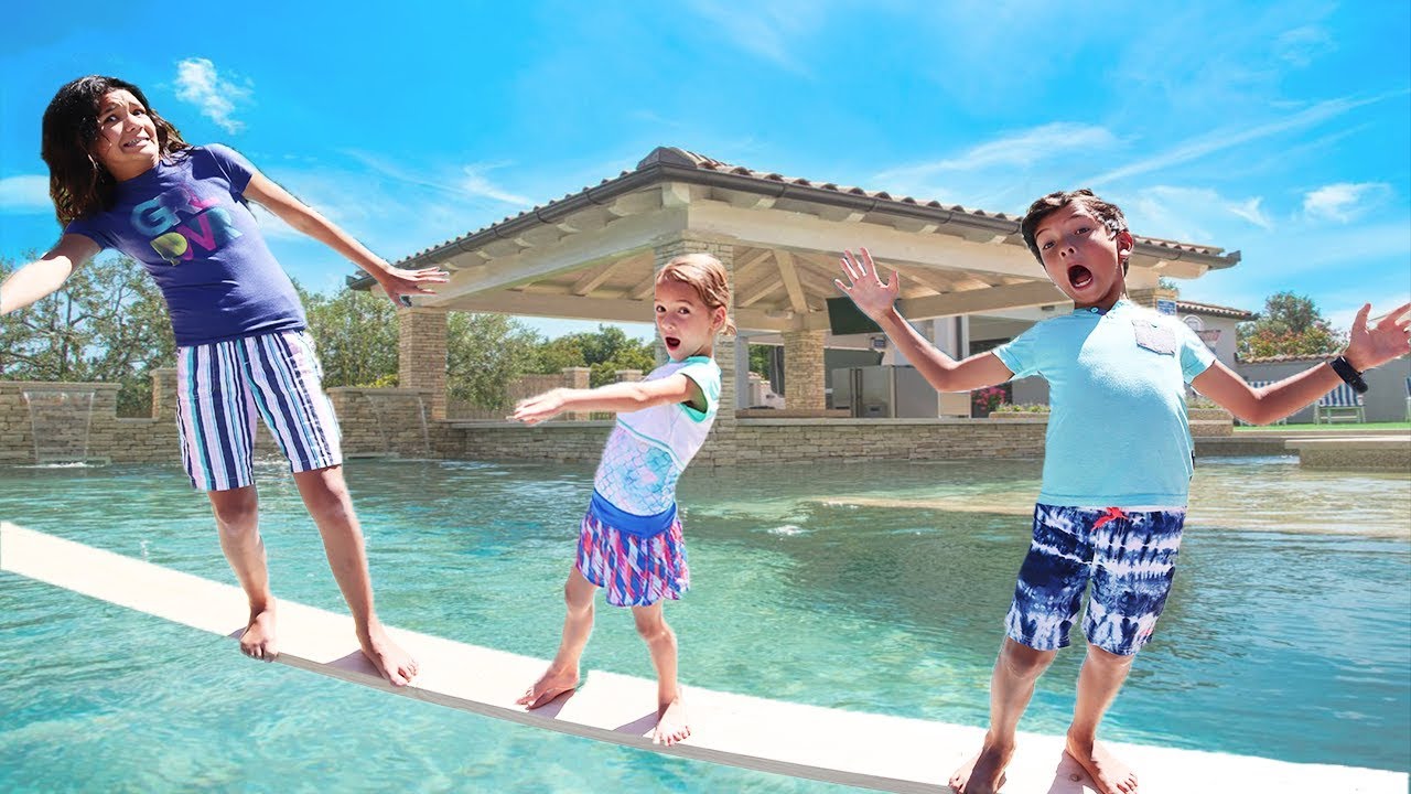 Last to FALL in the POOL! Wins $$$ Don't fall OFF the PLANK! - YouTube