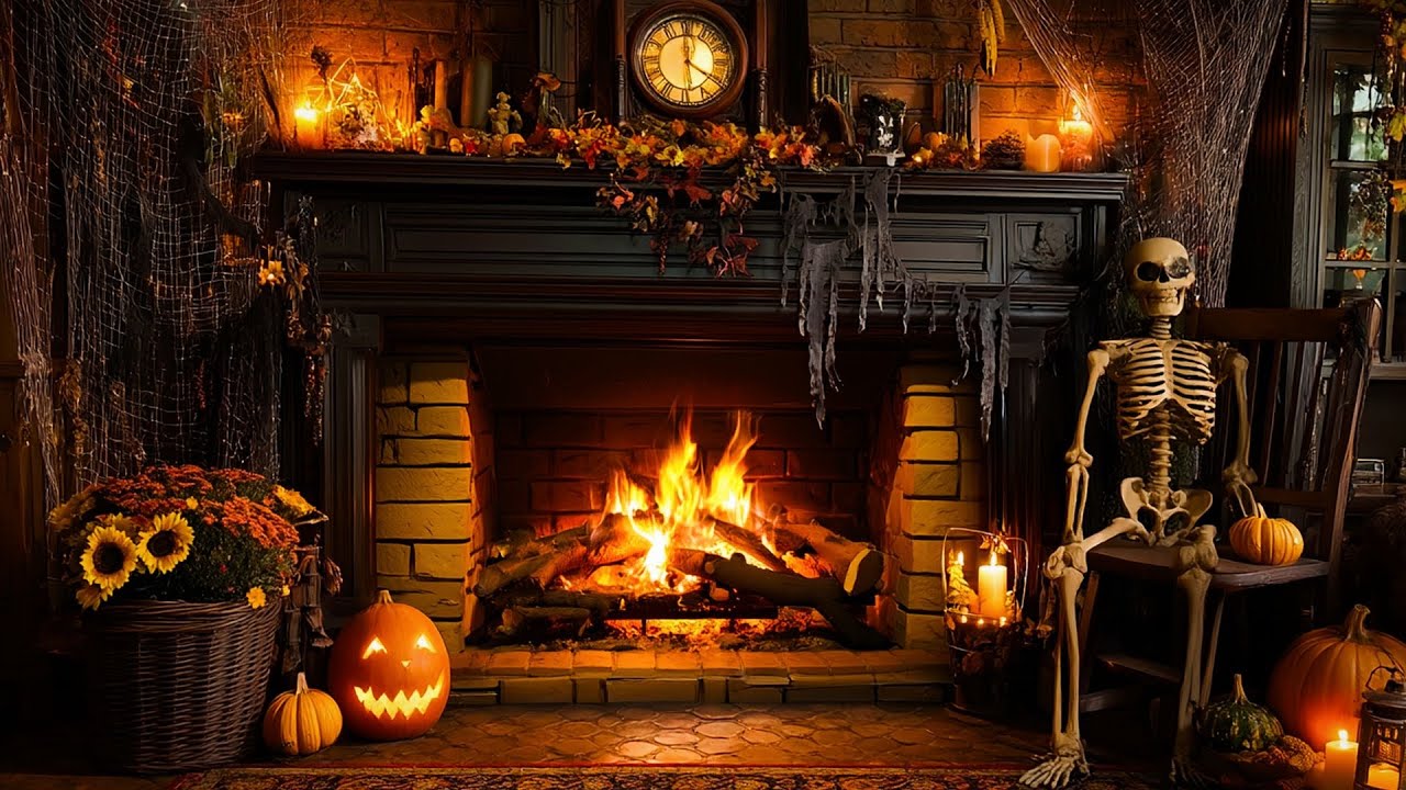 Spooky-Cozy Halloween Fireplace 🎃 Crackling Fire ASMR for Deep Sleep ...