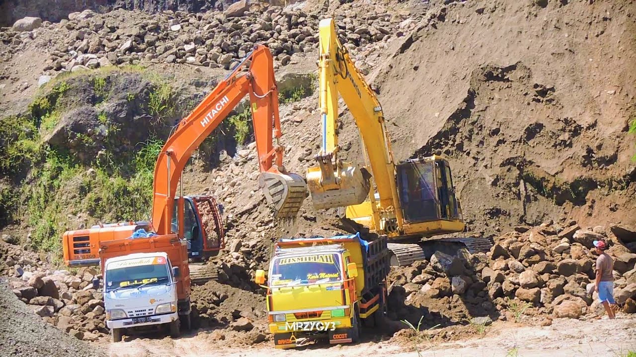 Dirt Loading On The Quarry By Excavators And Dump Trucks - YouTube
