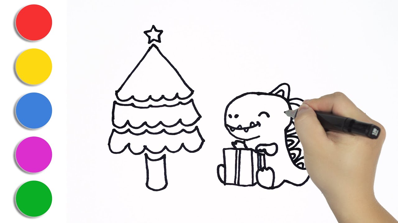 How To Draw A Simple Christmas Tree And Dinosaur With A Gift Box For ...