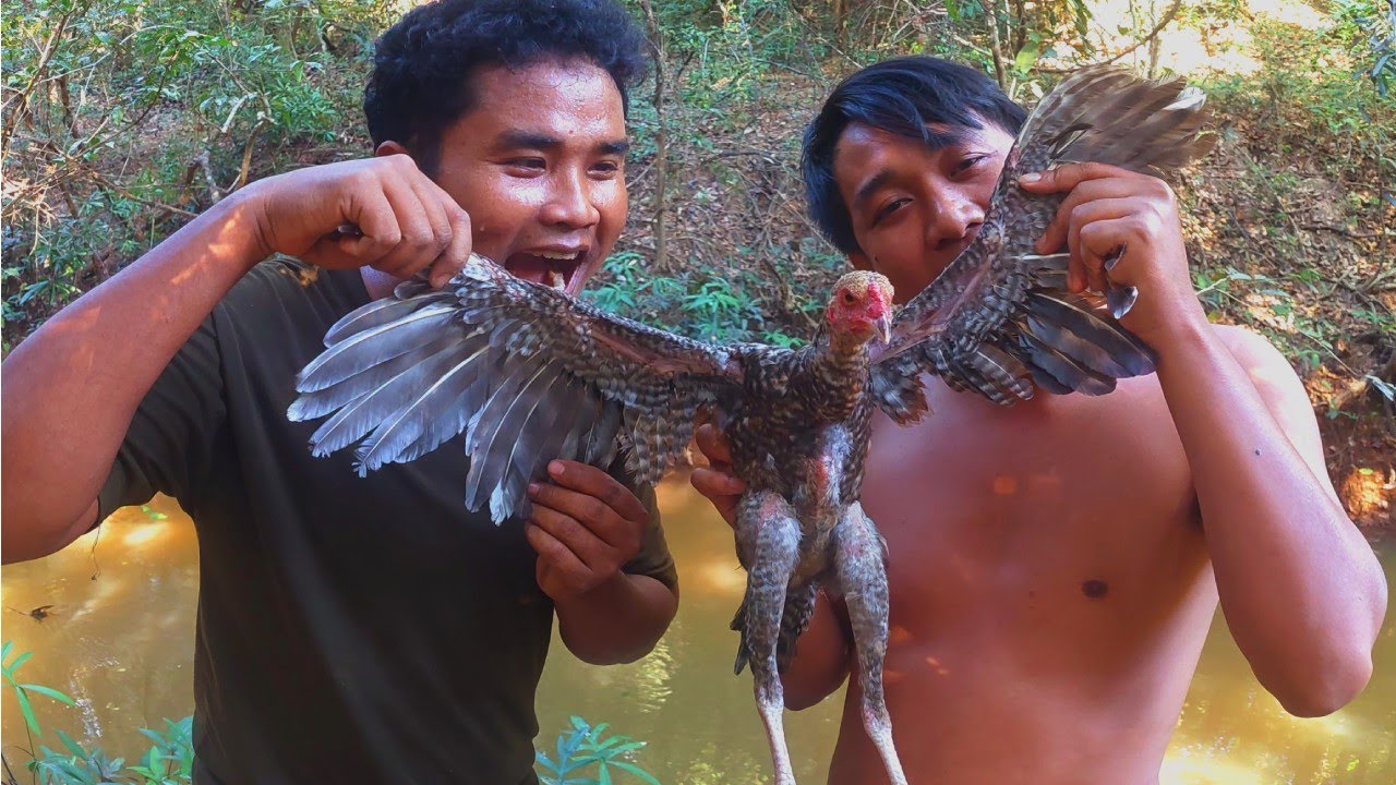 Two Starving Men Catch Chicken On Tree! Whole Chicken Roasted For ...
