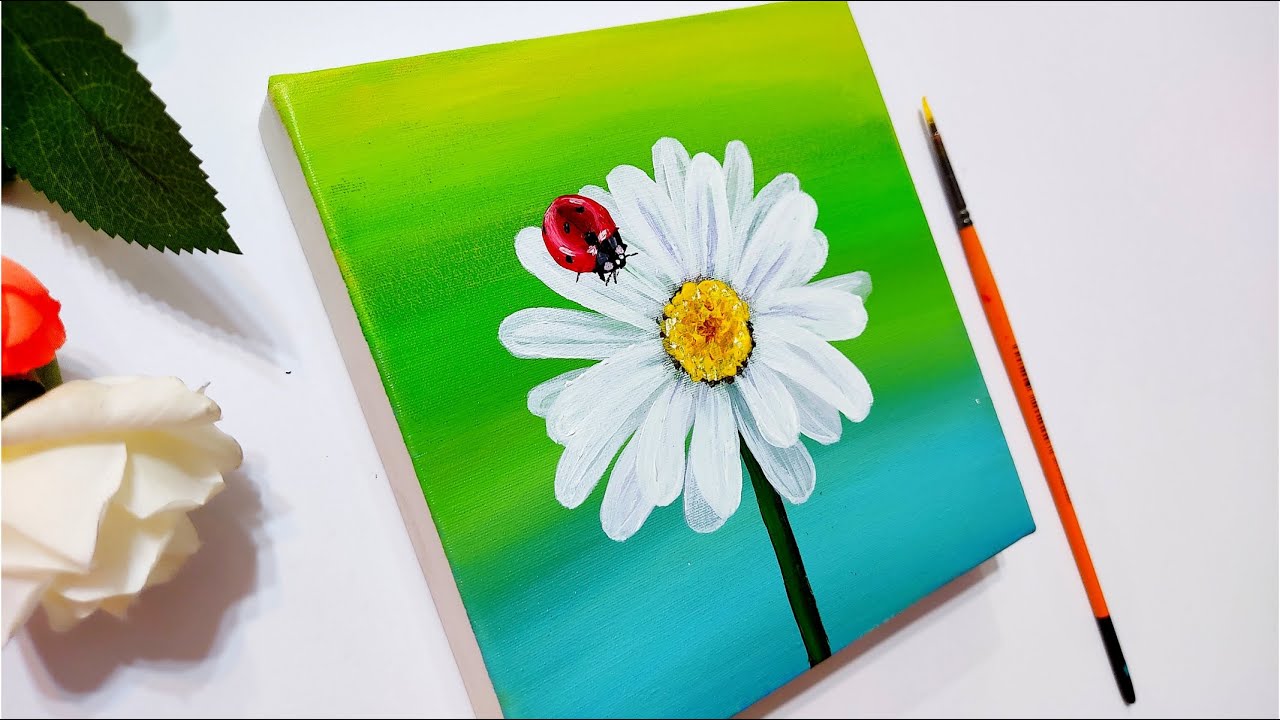 Easy way to Paint Ladybug / ladybug on Daisy Flower painting / Acrylic ...