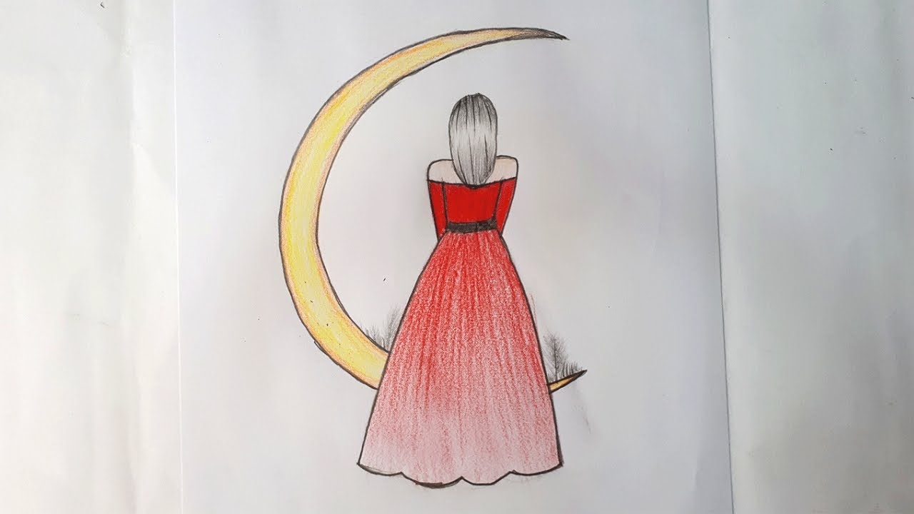 How to Draw a Girl with Moon | Easy Moon girl Drawing with color - YouTube