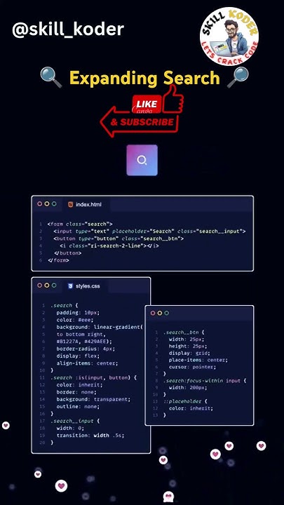 Expanding Search Bar in HTML CSS #searchbar #animation #webdesign #animatedbutton #shorts# ...