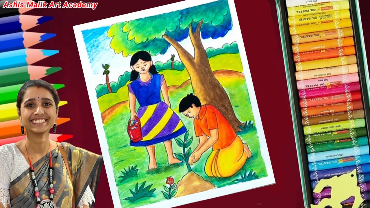 How to draw a scenery of Tree Plantation/ Tree plantation Drawing Step ...