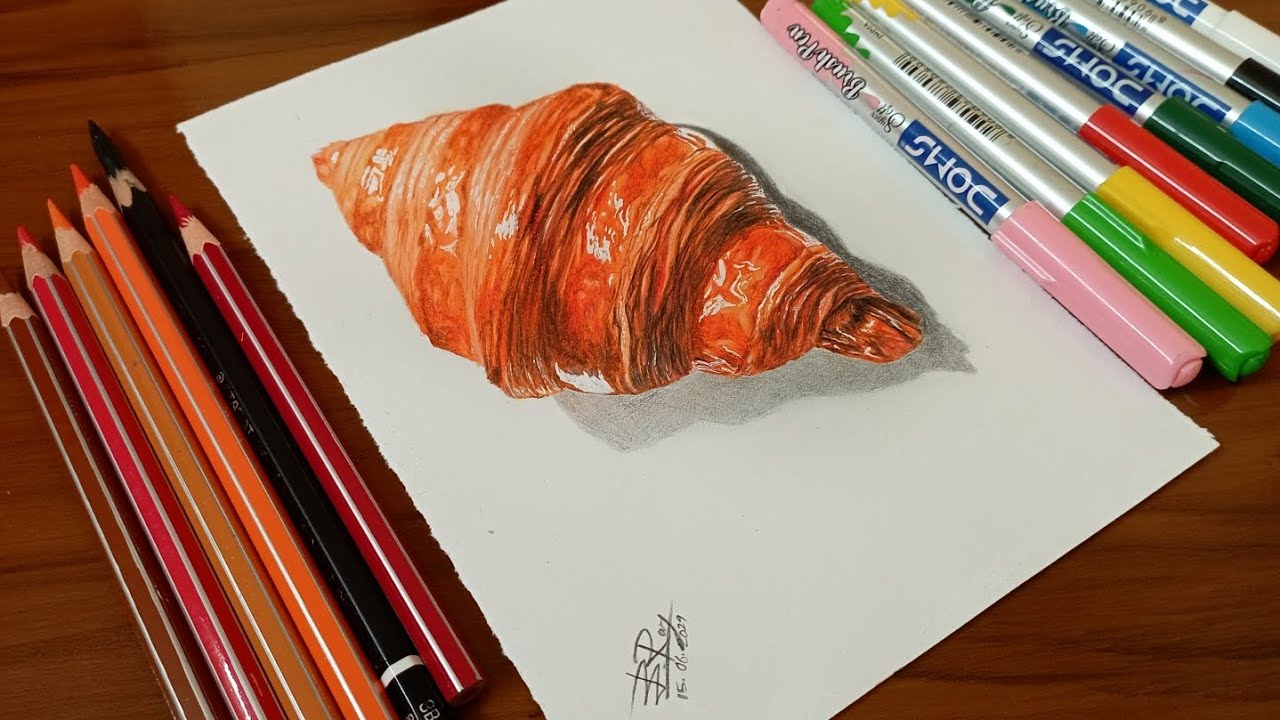 Realistic Croissant Drawing with Doms Colour Pencils & Brush Pen, Long ...