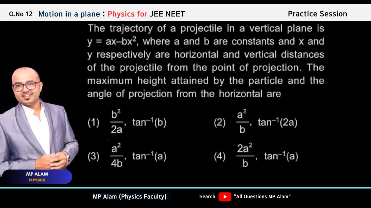 The trajectory of a projectile in a vertical plane is given by y=ax−bx2, where a and b are ...