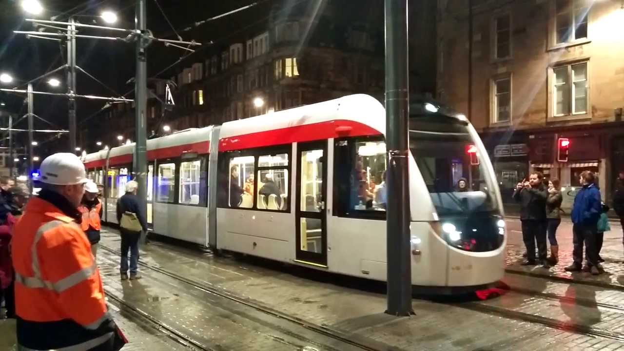 First Edinburgh tram leaves Haymarket - YouTube