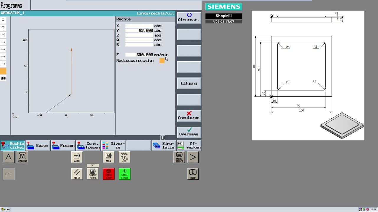 02 werkstuk 1 contourfrezen met radiuscompensatie - YouTube
