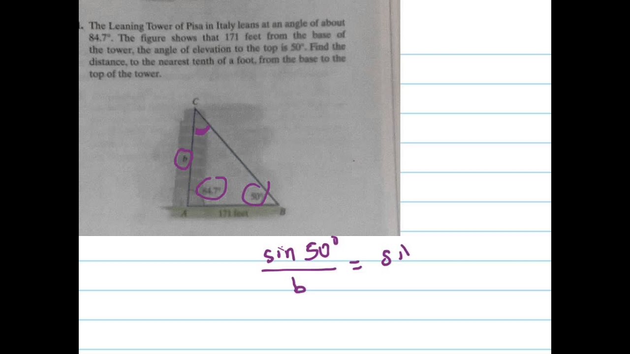 Law of sines word problem - leaning tower of Pisa - YouTube