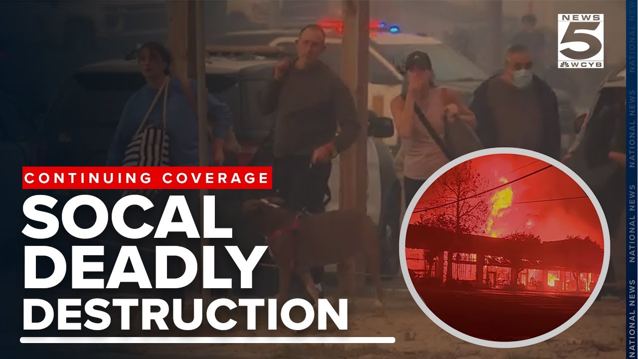 At least five dead as thousands flee raging wildfires in Los Angeles ...
