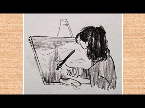 how to draw a girl doing painting, simple drawing of girl doing ...