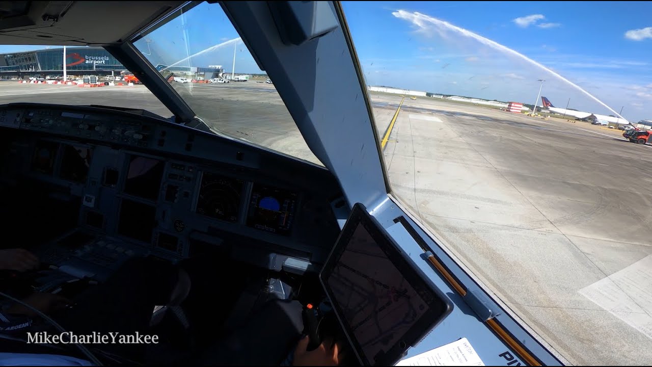 Airbus A320 take off from BRUSSELS with Water Cannon Salute (Cockpit ...